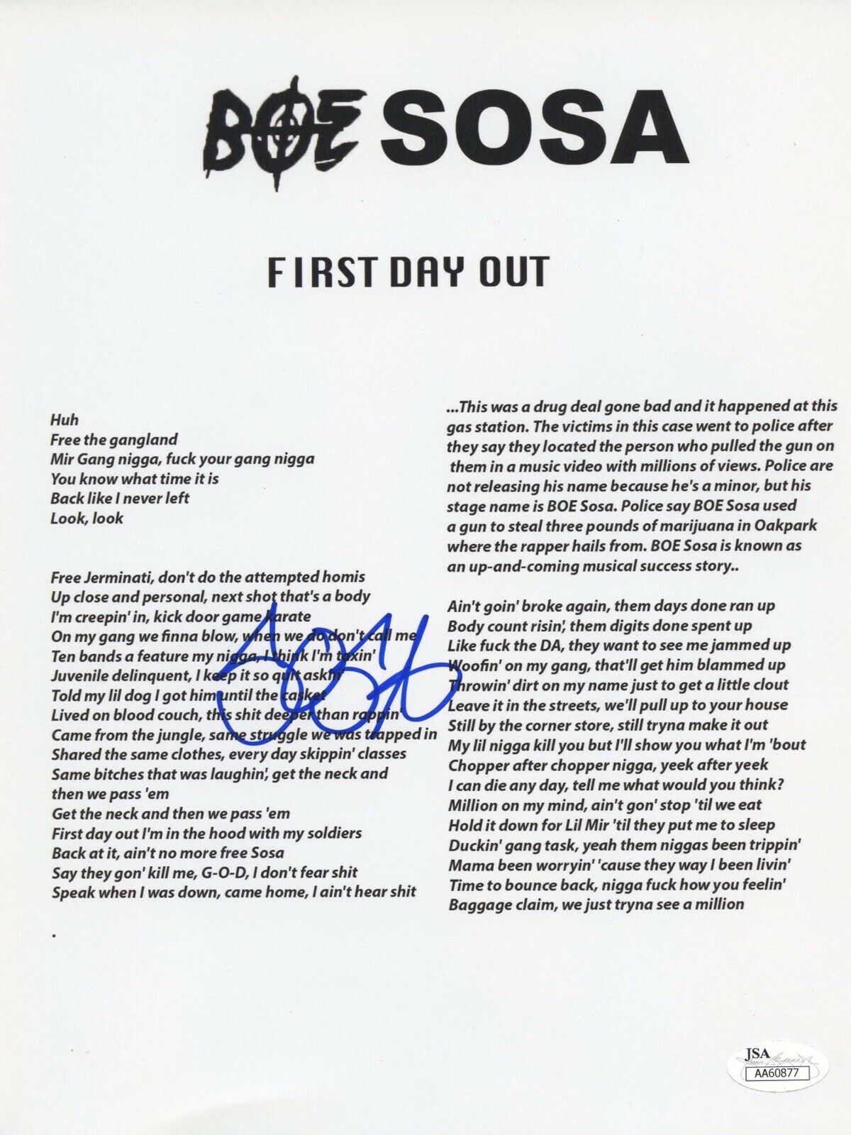 BOE Sosa Signed Autographed 8x10 Lyric Sheet "First Day Out" JSA Authe